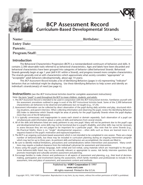 BCP Assessment Record – Shine Early Learning