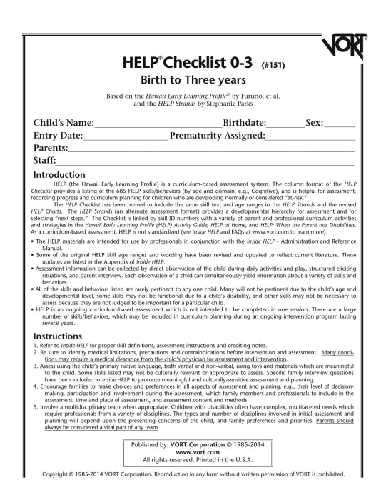 HELP Checklist 0-3 – Shine Early Learning