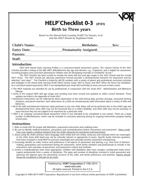 HELP Checklist 0-3 – Shine Early Learning
